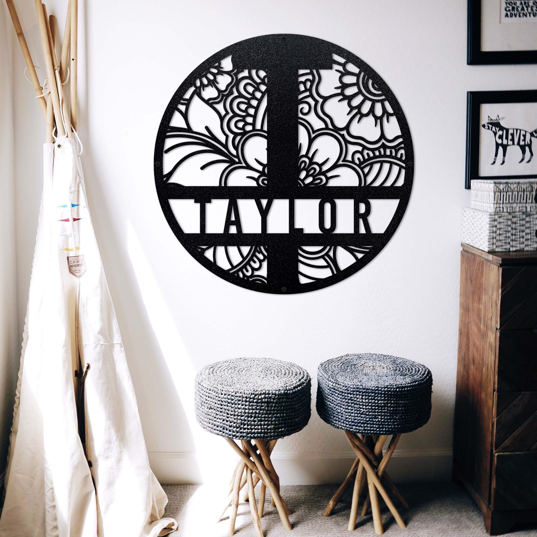Long Flower Initial Split Monogram | Custom Metal Decor – Story In Steel