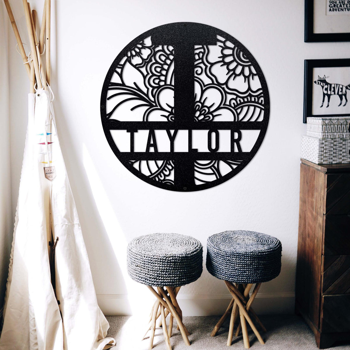 Long Flower Initial Split Monogram | Custom Metal Decor – Story In Steel